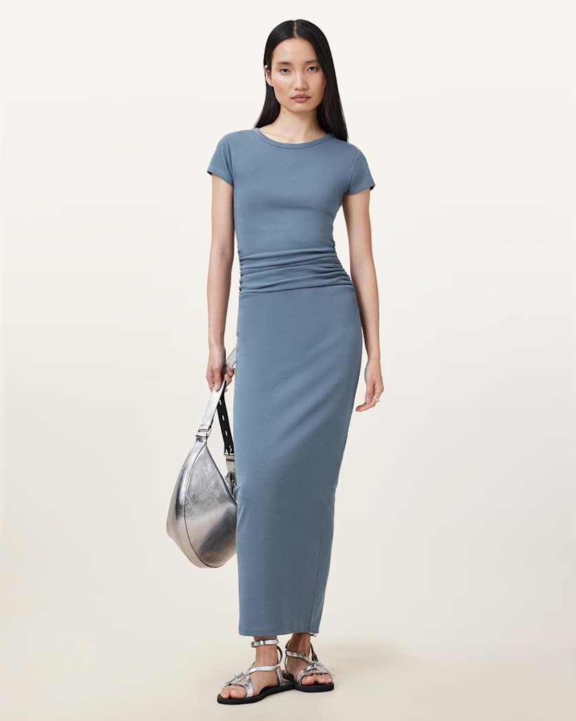 Katarina Short Sleeve Slim Fit Midi Dress FLINT STONE BLUE | ALLSAINTS